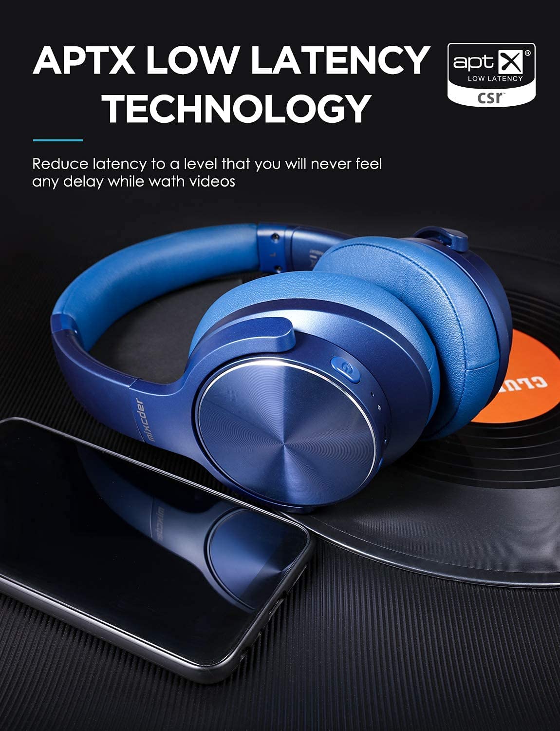 Mixcder Wireless Noise Cancelling Headphones Bluetooth 5.0, E9 PRO Foldable Over Ear Headset with Microphone, Quick Charge, aptX LL, 35 Hours Playtime - Pacific Blue
