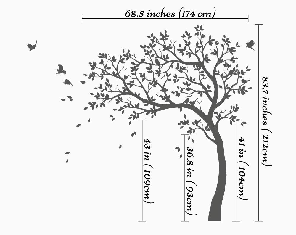 Studio Quee Large Tree Wall Decals Nursery Tree Stickers with Birds Stunning Tree Wall Art Mural Vinyl Wall Decor KW032 (Leaning Left, All in Black)