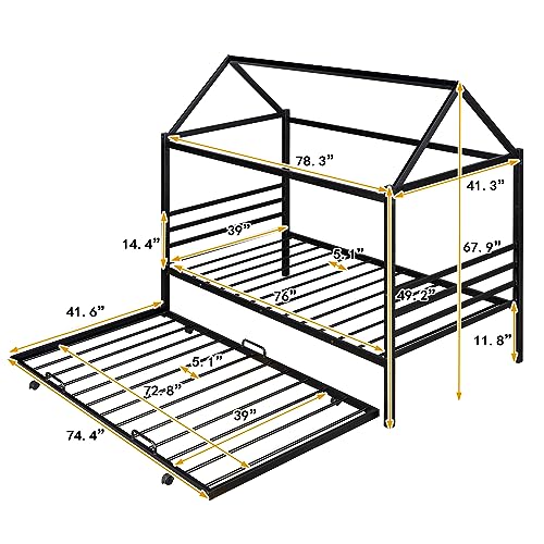 Lifeand Twin Size Metal House Shape Platform Bed with Trundle,Black