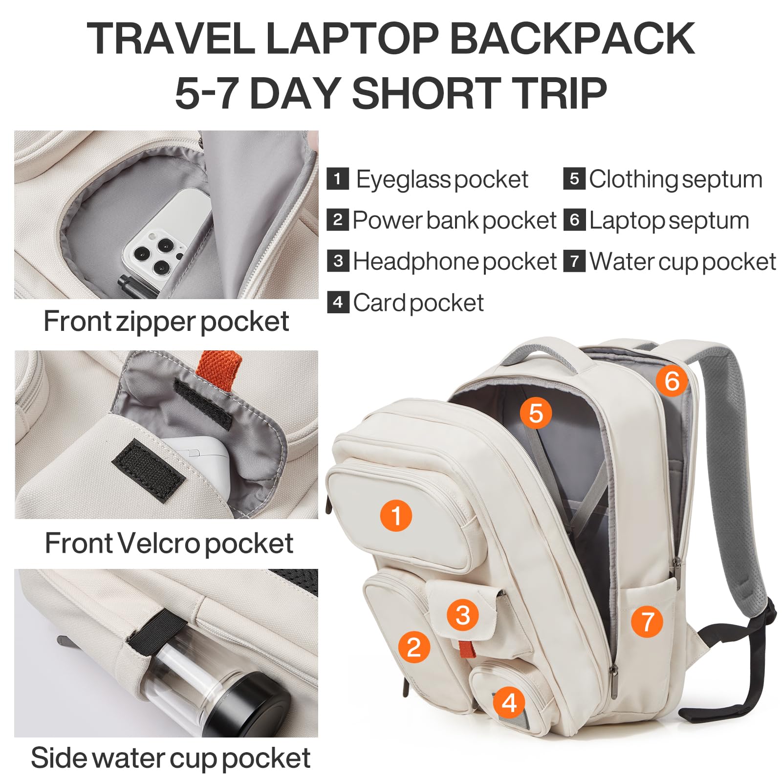 Mixi Travel Backpack for Women & Men 15.6'' Laptop Carry On Weekender Bag Outdoor Hiking with Multifunction Pockets 180° Open Water Resistant 18 Inch 22L, Moonlight White