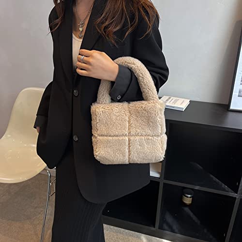 Plush Check Tote Bag for Women Puffer Handbags Puffy Purse Soft Padded Checkered Quilted Shoulder Bags Handbag