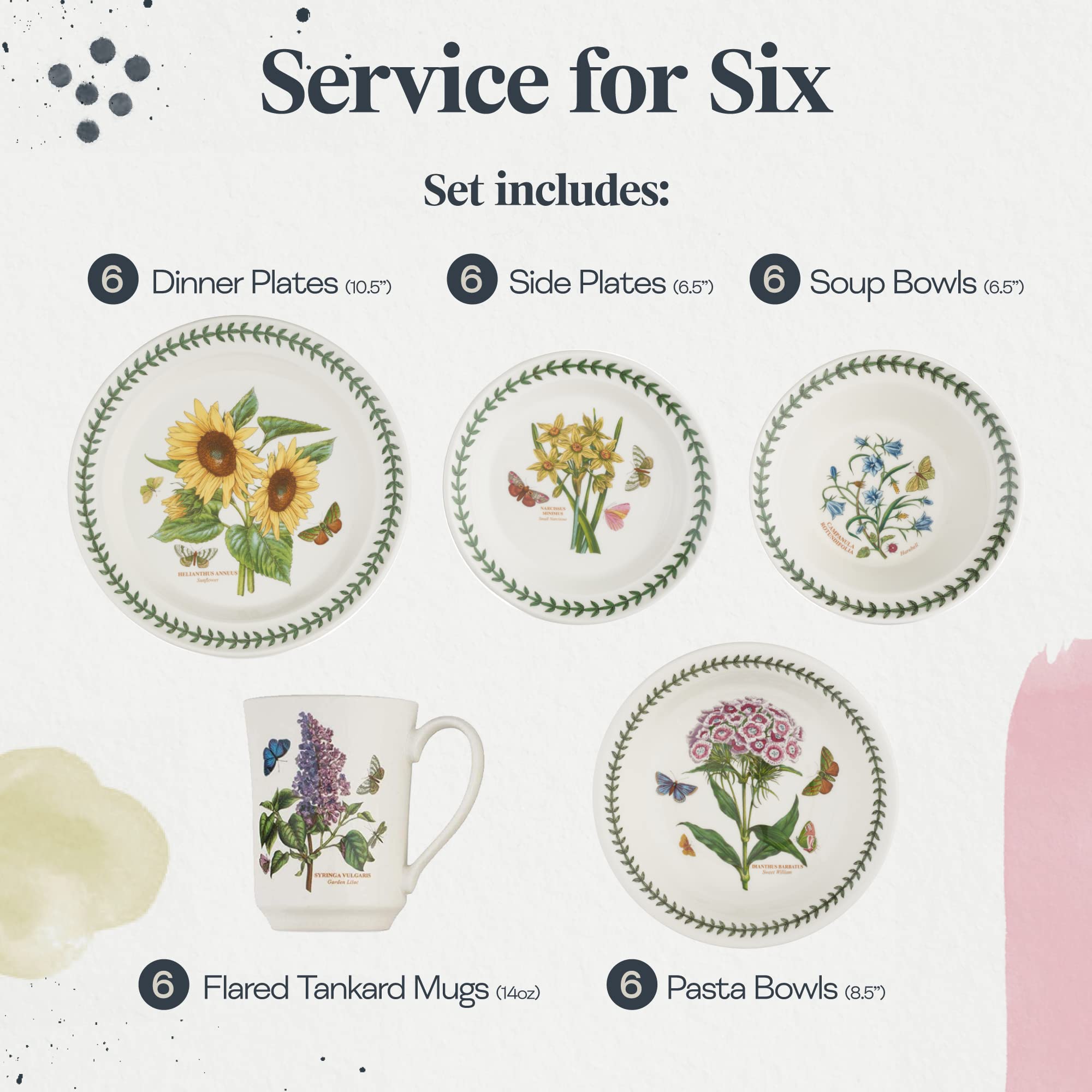 Portmeirion Botanic Garden 30 Piece Earthenware Dish Set | Dinnerware Set for 6 | Earthenware Dish Set | Includes Dinner Plates, Side Plates, Mugs, Soup Bowls, & Pasta Bowls