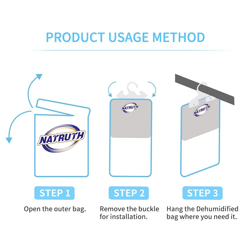 NATRUTH Moisture Absorber Bag, 12 Packs Fragrance Free Desiccant Hanging Bag,Odor Absorber,Eliminates Odors Creates Fresher Cleaner air,Efficient Humidity Absorber for Closet、Bathroom、Humidity Packs