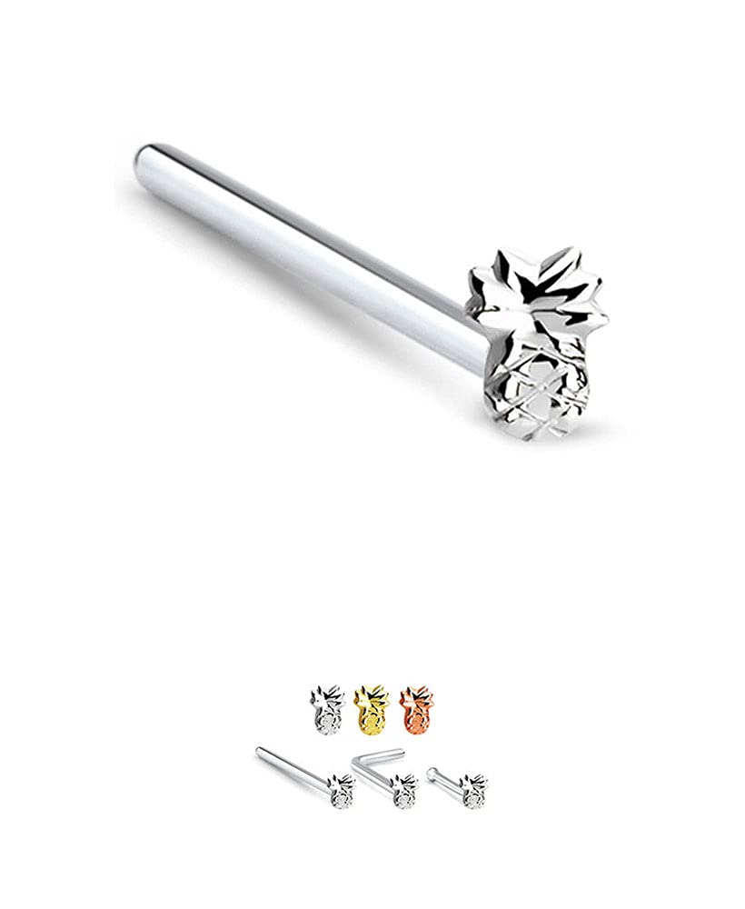 Nose Ring Bling 18K Rose Gold Plated over 925 Sterling Silver Nose Bone Ring Tropical Pineapple 22G NS669-Bone