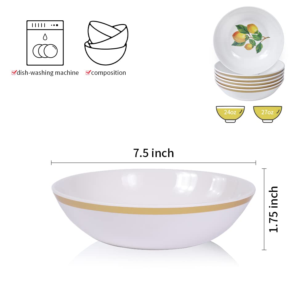 Salad Bowl - 6pcs Melamine Cereal Bowls for Daily Use,Soup Bowls,Durable and BPA Free, Dishwasher Safe, Lemon