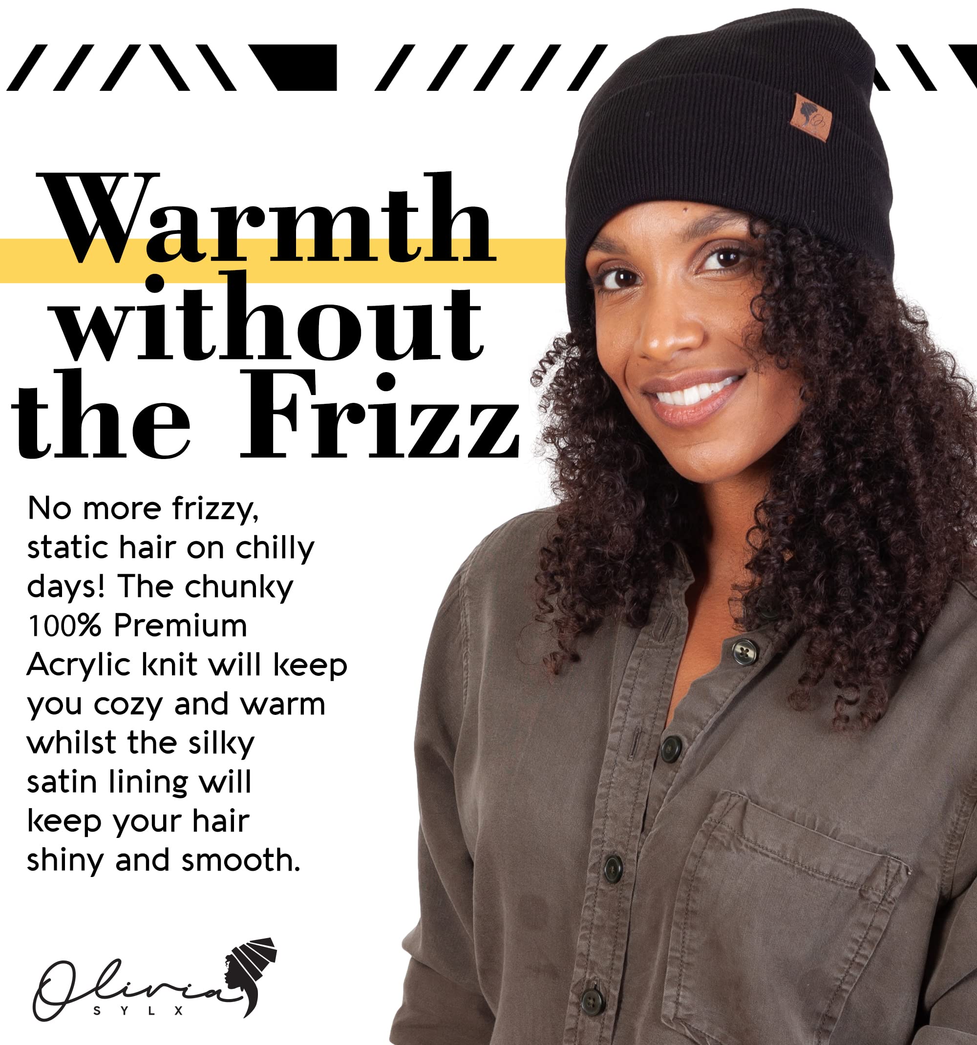 Olivia Sylx Cuffed Satin Lined Beanie for Women - Satin Lined Winter Hat - Beanie with Satin Lining - Satin Lined Hats Black