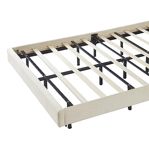Velvet Upholstered Full Bed Frame with Smart LED and Elegant Flowers Headboard, Platform Bed with Wooden Slats Support for Kids, Boys, Girls, Teens, Adult, No Box Spring Needed (Beige, Full)