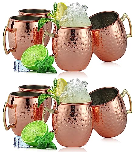 Moscow Mule Mugs Set of 8 | Large Size 19 ounces | Stainless Steel Lining Copper Hammered Cups | | Pure Copper Plating | Gold Brass Handles Gift Pack…