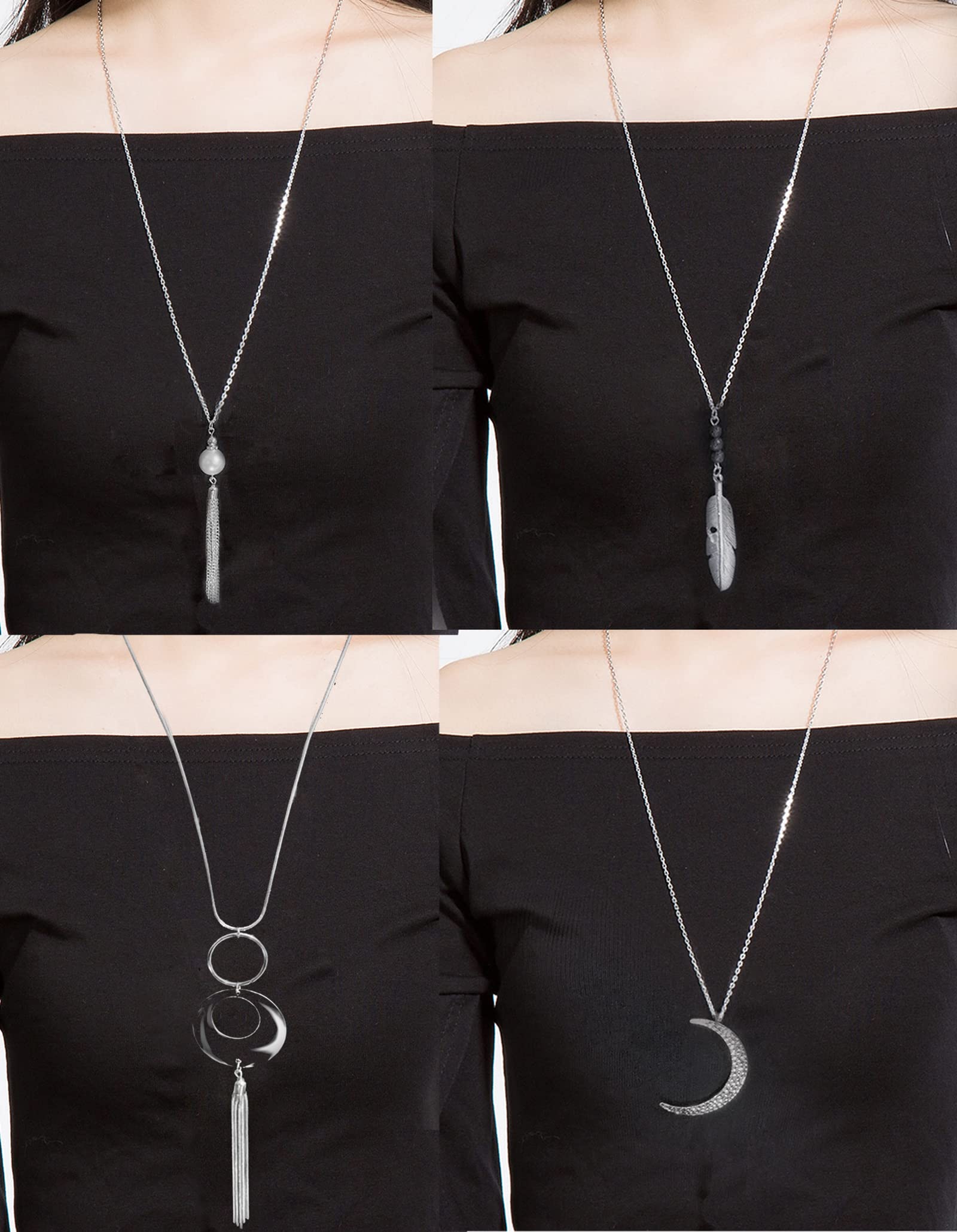 Ofeiyaa 10Pcs Long Pendant Necklace Simple Moon Bar Three Triangle Tassel Lock Sweater Y Shape Punk Chain Choker Necklace for Women Men Gold Silver Tone (E:10Pcs (Lock))