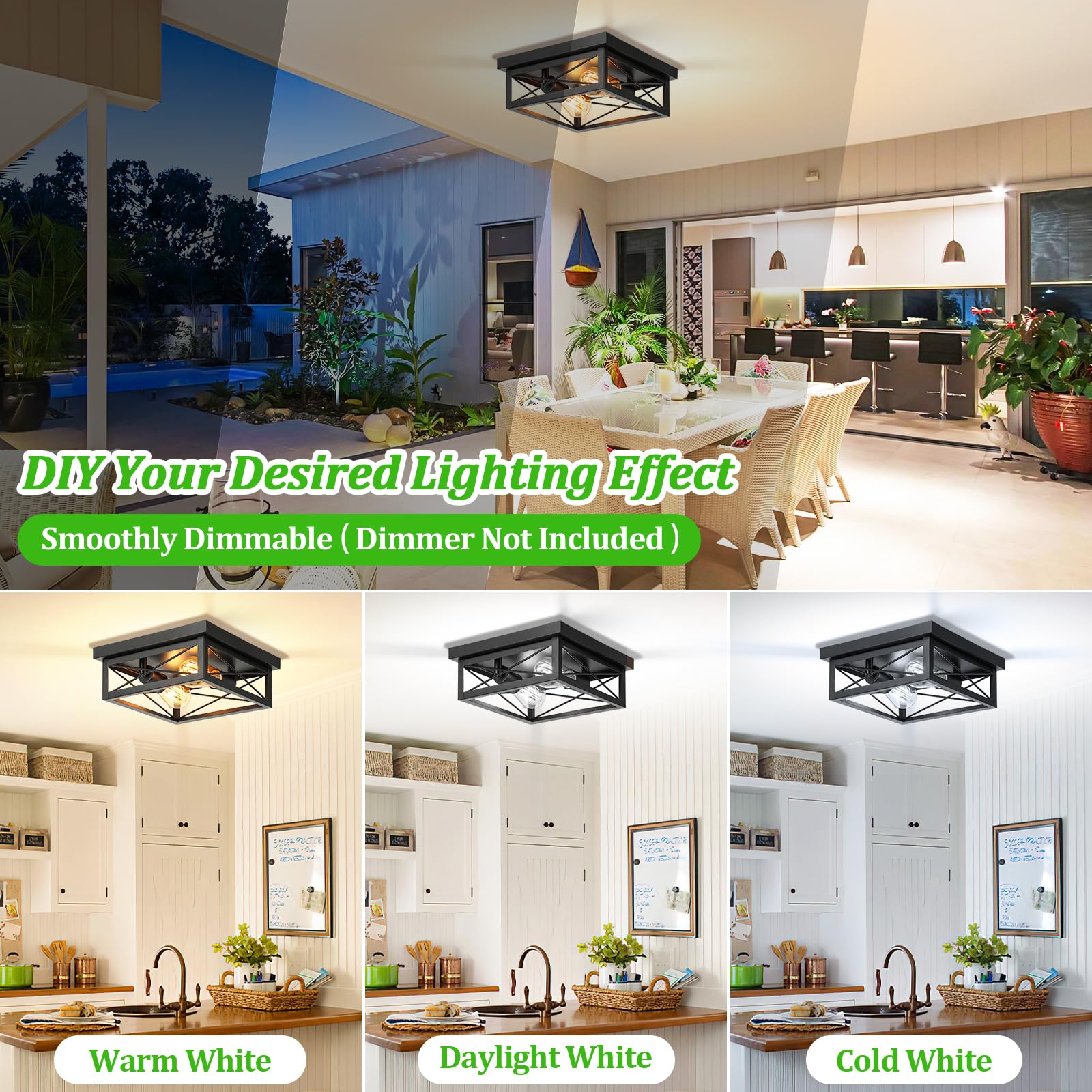 Kondras 2-Light Industrial Square Flush Mount Ceiling Light, Farmhouse Ceiling Light Fixture for Kitchen, Modern Black Close to Ceiling Light for Hallway Bedroom Balcony Porch Stairway, E26, 2-Pack