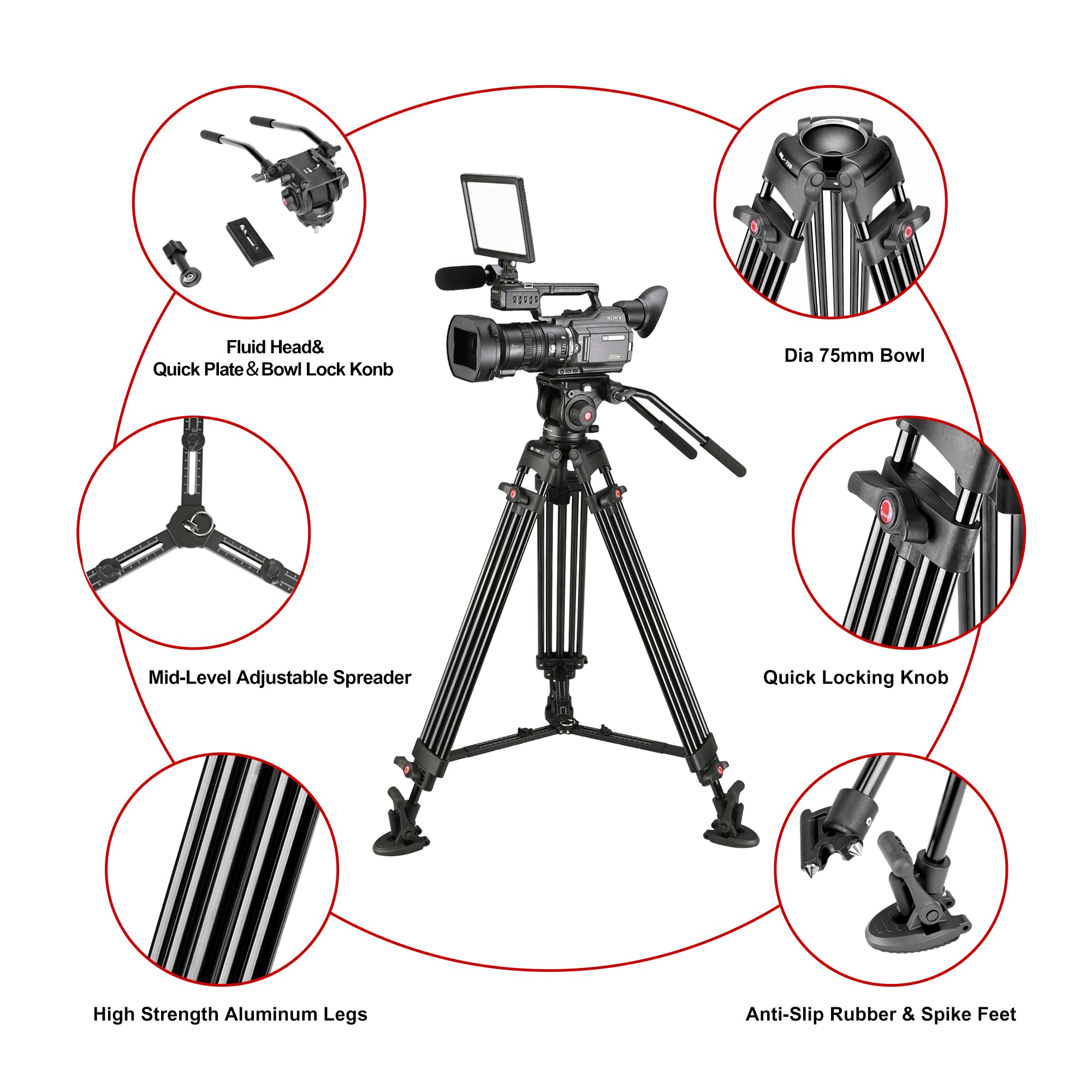 MagicLine 65.7 inch Heavy Duty Aluminum Video Camera Tripod with Fluid Head, 2 Pan Bar Handles, Adjustable Mid-Level Spreader,QR Plate, Max Load 26.5 LB for Canon Nikon Sony DSLR Camcorder Cameras