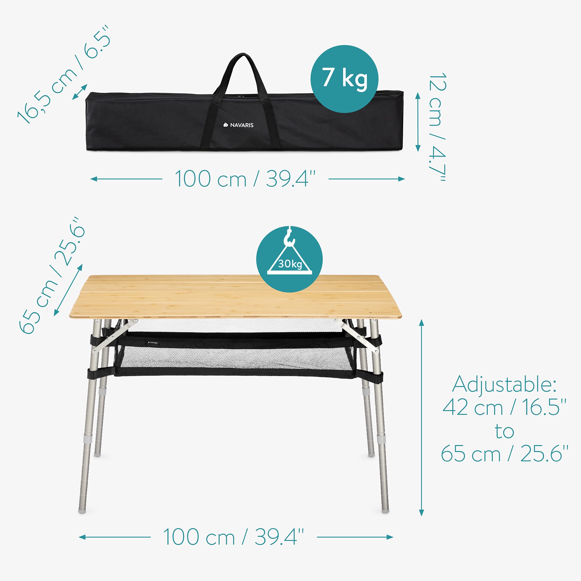 Navaris Portable Folding Bamboo Table - 39.4" x 25.6" Height Adjustable, Camping Table for Outdoors, Picnics with Telescopic Aluminum Legs with Shelf
