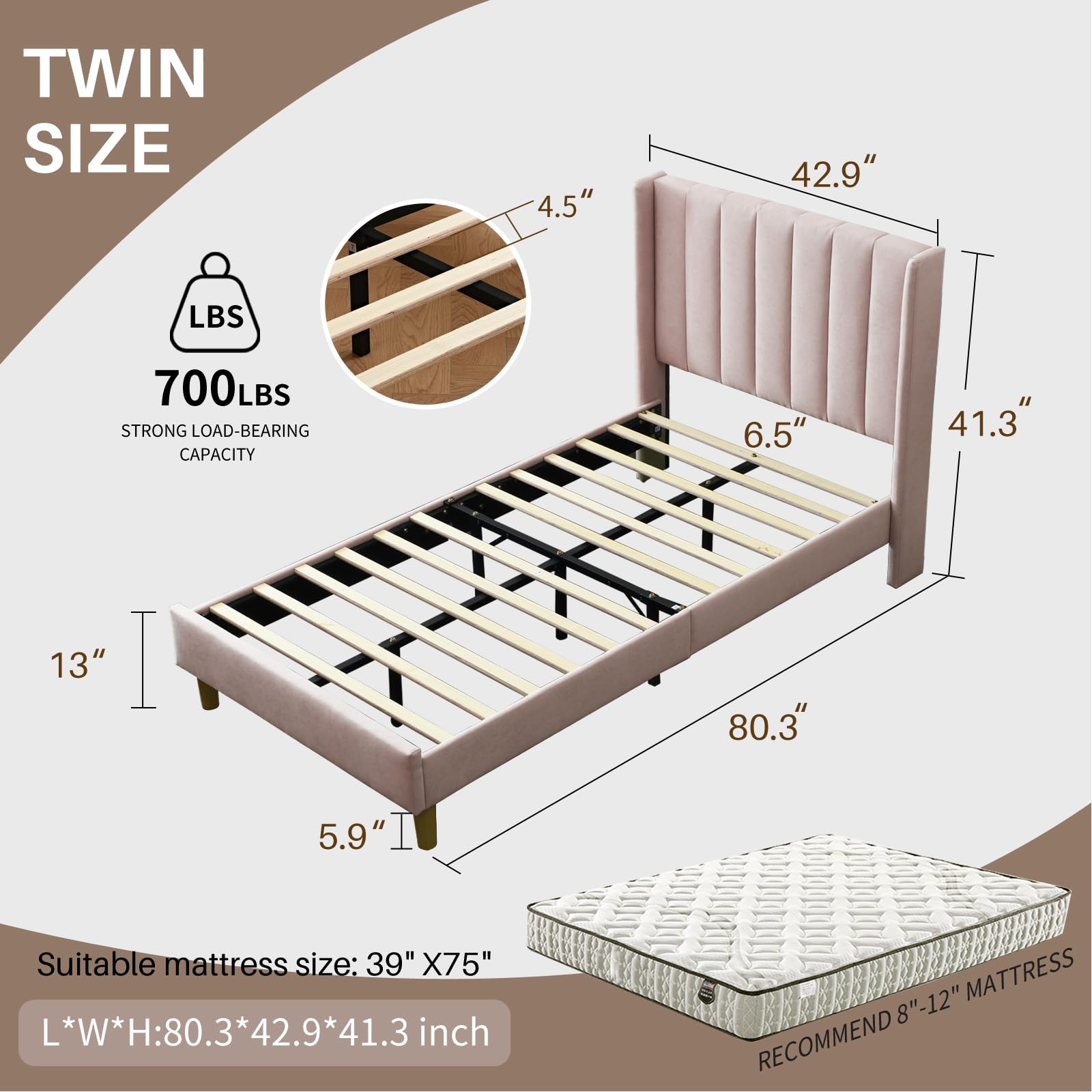 YUHUASHI Twin Size Bed Frame, Upholstered Bed Frame with Modern Geometric Wingback Headboard, Velour Fabric, Platform Bed Frame with Wooden Slats, Easy to Assemble and Noiseless (White, Twin)