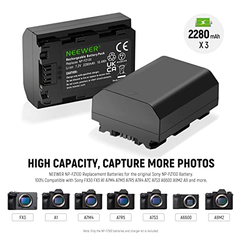 NEEWER NP-FZ100 Replacement Battery and Charger Set, 3 Pack 2280mAh NP-FZ100 Battery&Triple Slot USB Charger Compatible with Sony A1, A9, A9 II, A7R IV, A7S III, A7 III, A7 IV, A6600, A7C