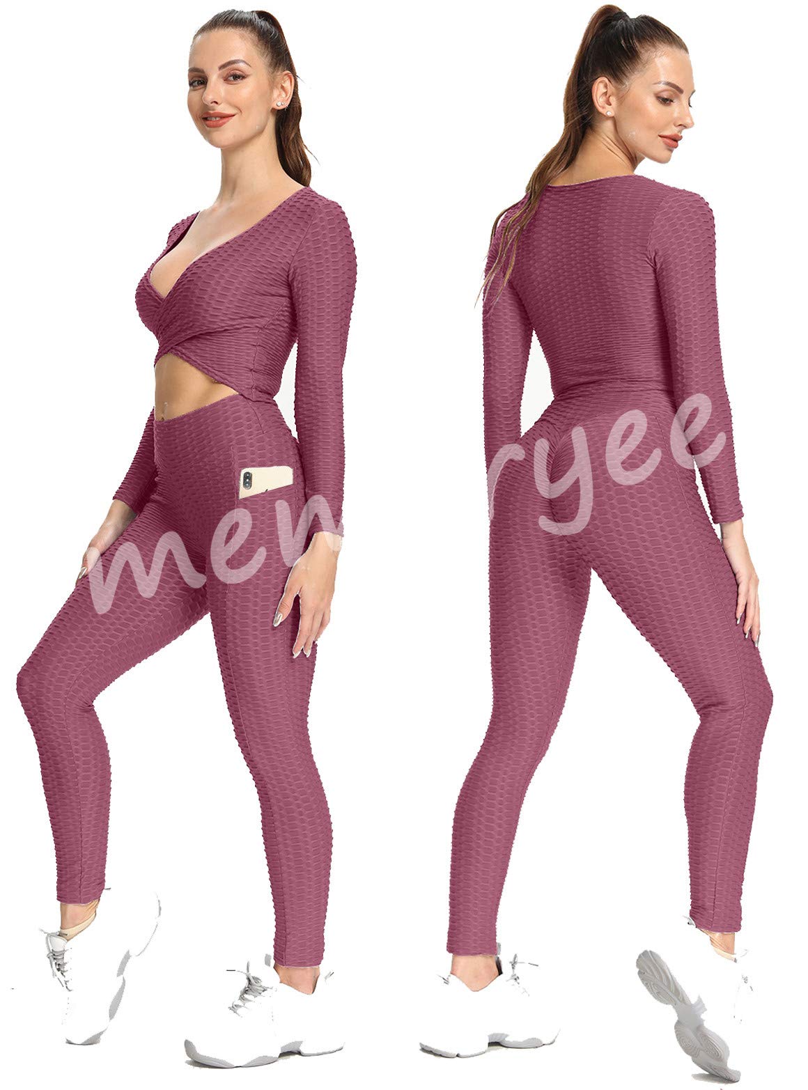 Memoryee Women's High Waist Yoga Pants Butt Lifting Slim Leggings with Pockets/Bean Paste/L