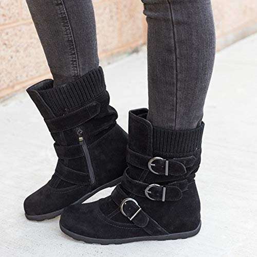 NOLDARES Boots for Women Winter Round-Toe Buckle Strap Zipper Boots Flats Low-Heeled Western Combat Mid Calf Boots Black, 9