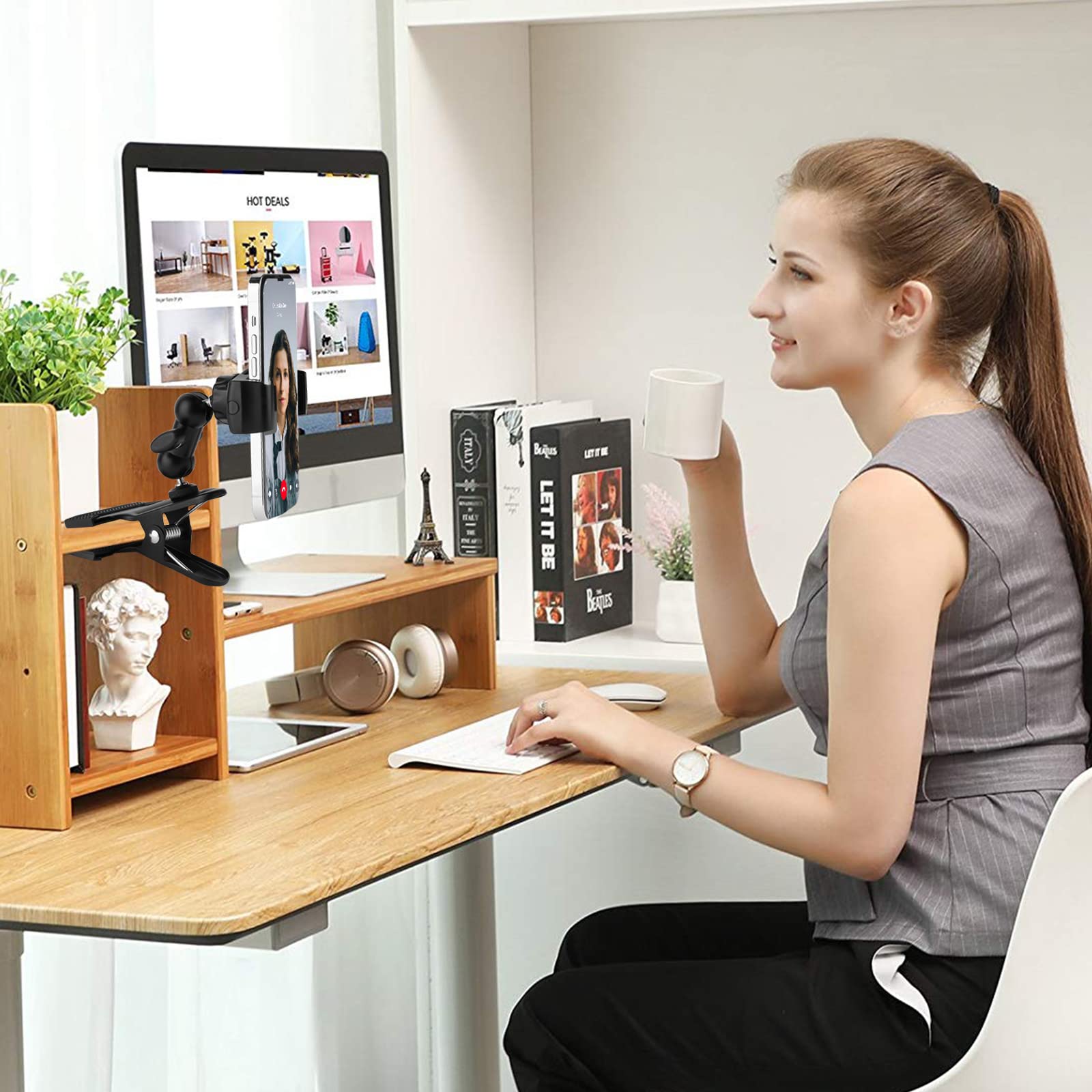 Mippko Clip Clamp Phone Holder for Desk/Table/Glass Door/Desktop Baffle/Easel,Compatible with iPhone/Nexus/HTC/LG/Huawei/Smart Phones,360°Adjustment Aluminium Alloy Arm Metal Mount