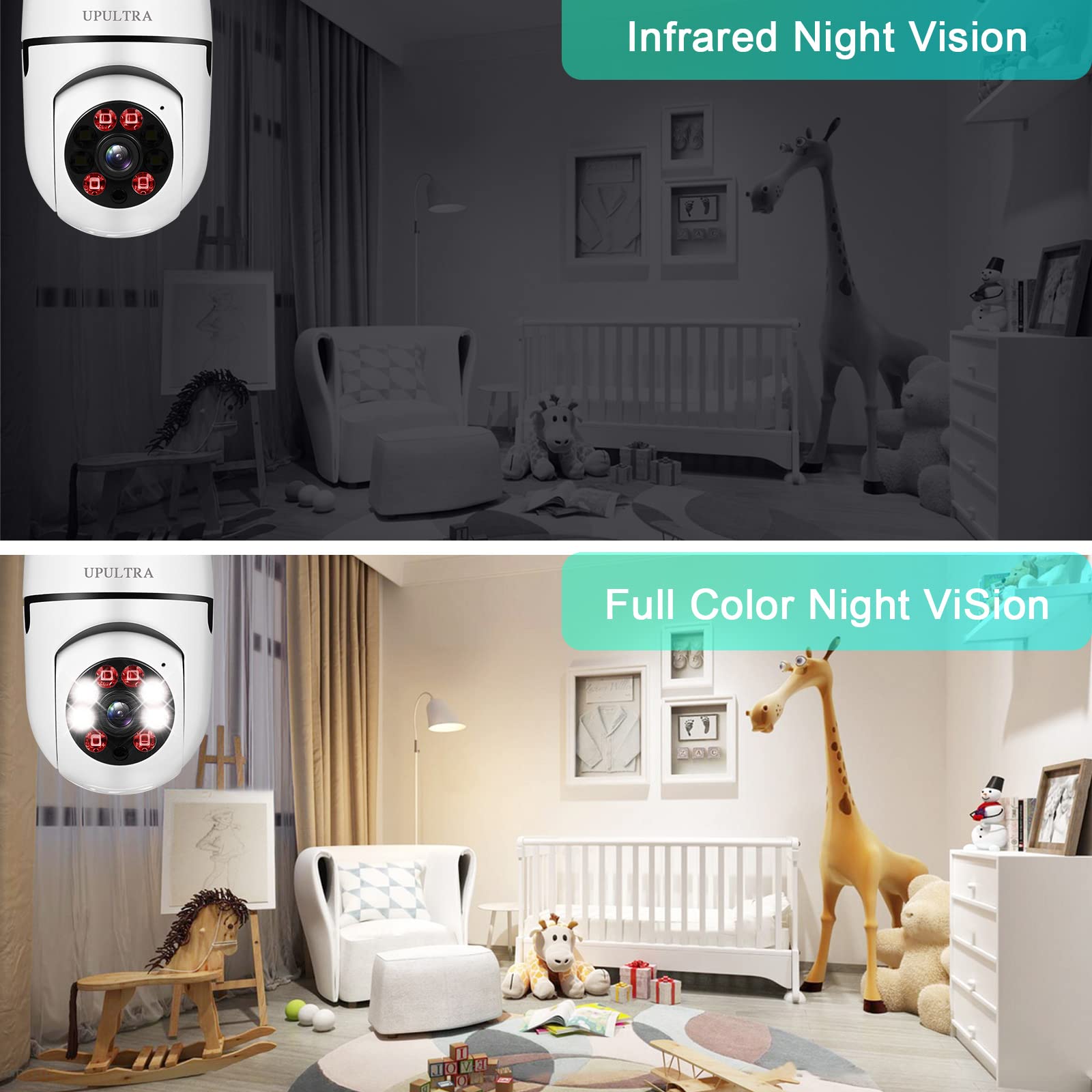 Light Bulb 1080P Security Wireless Camera Wifi Smart for home surveillance Screw into the E27 light bulb socket Spotlight Alarm Color night vision Two-way talk Motion Alarm PTZ 360 Degree(2packs)