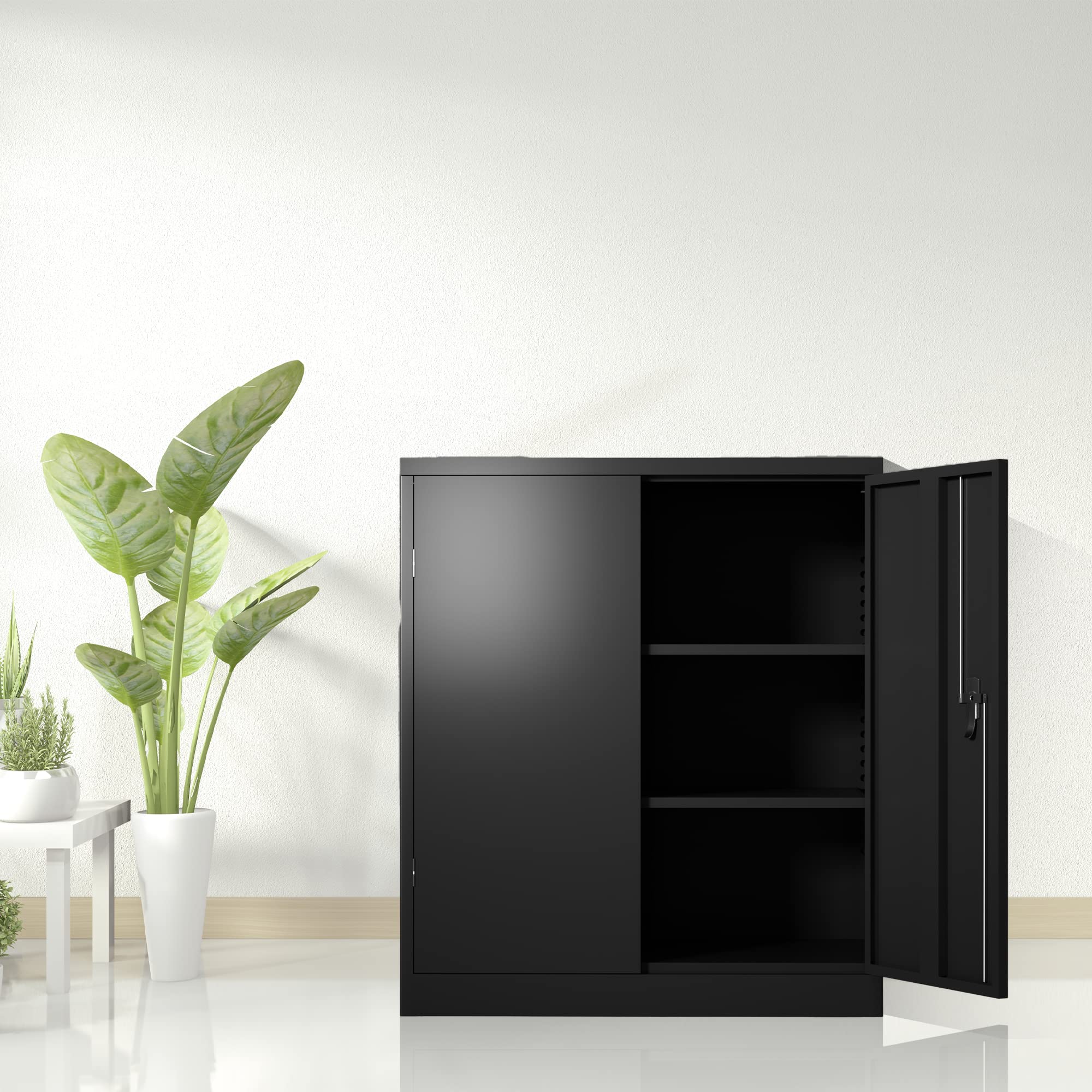 Lockable Cabinet Metal Storage Cabinet, 42" Locking Metal Storage Cabinet with 2 Adjustable Shelves,Black Metal Cabinet with 2 Doors and Lock for Office, Garage, Home (Black, 42")