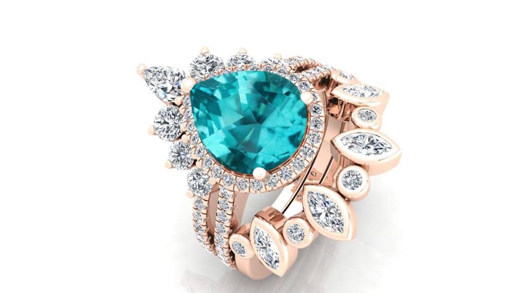 Pear 10x8mm Lab Grown Paraiba Tourmaline Engagement Ring Set, Antique 3Pcs Wedding Ring Set For her, Vintage Halo Ring, Teardrop Stone Ring (WHITE, 8)