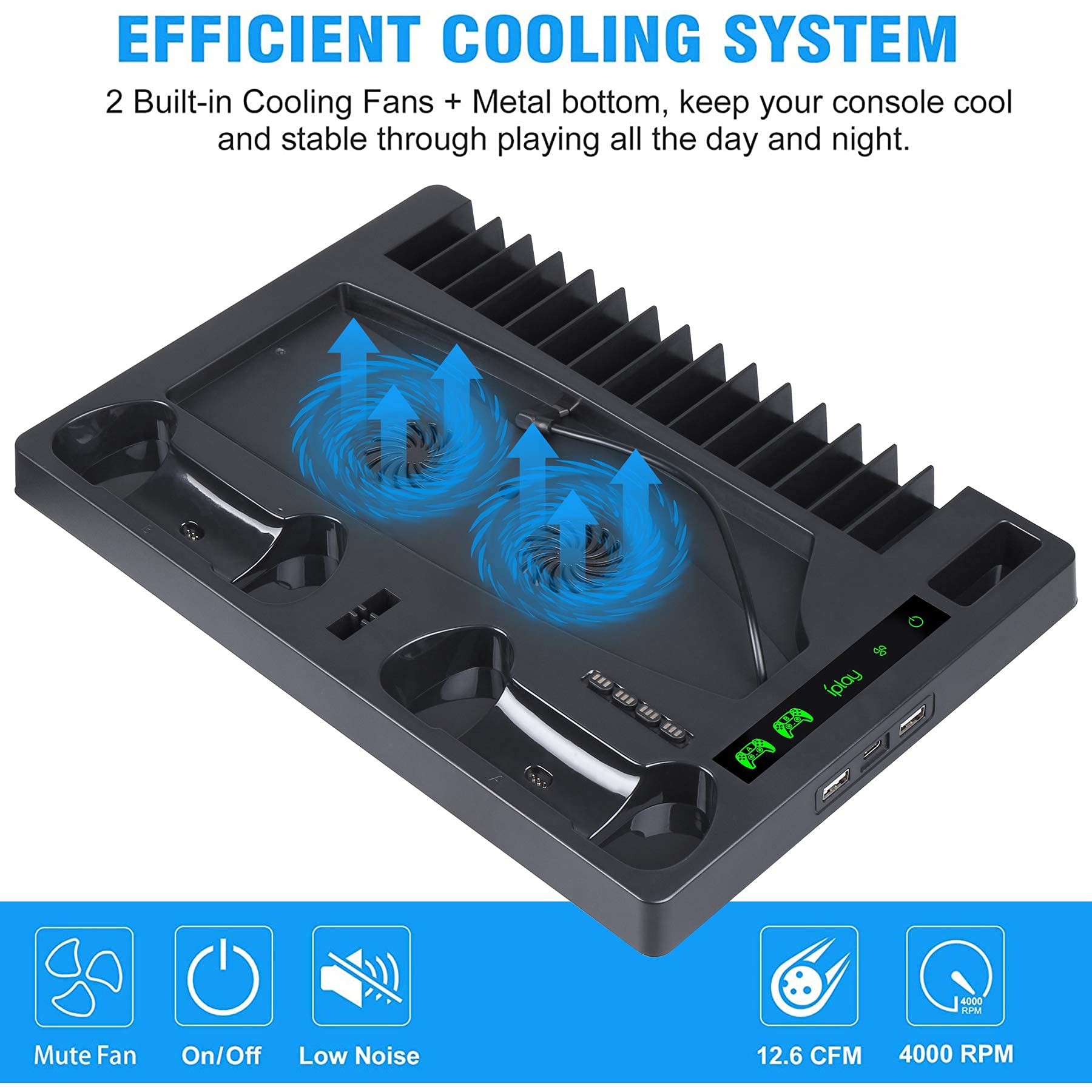 OFUN PS5 Console Stand with Wireless Charging, Cooling Fans, Storage and USB Hub, 2 Controllers Charged