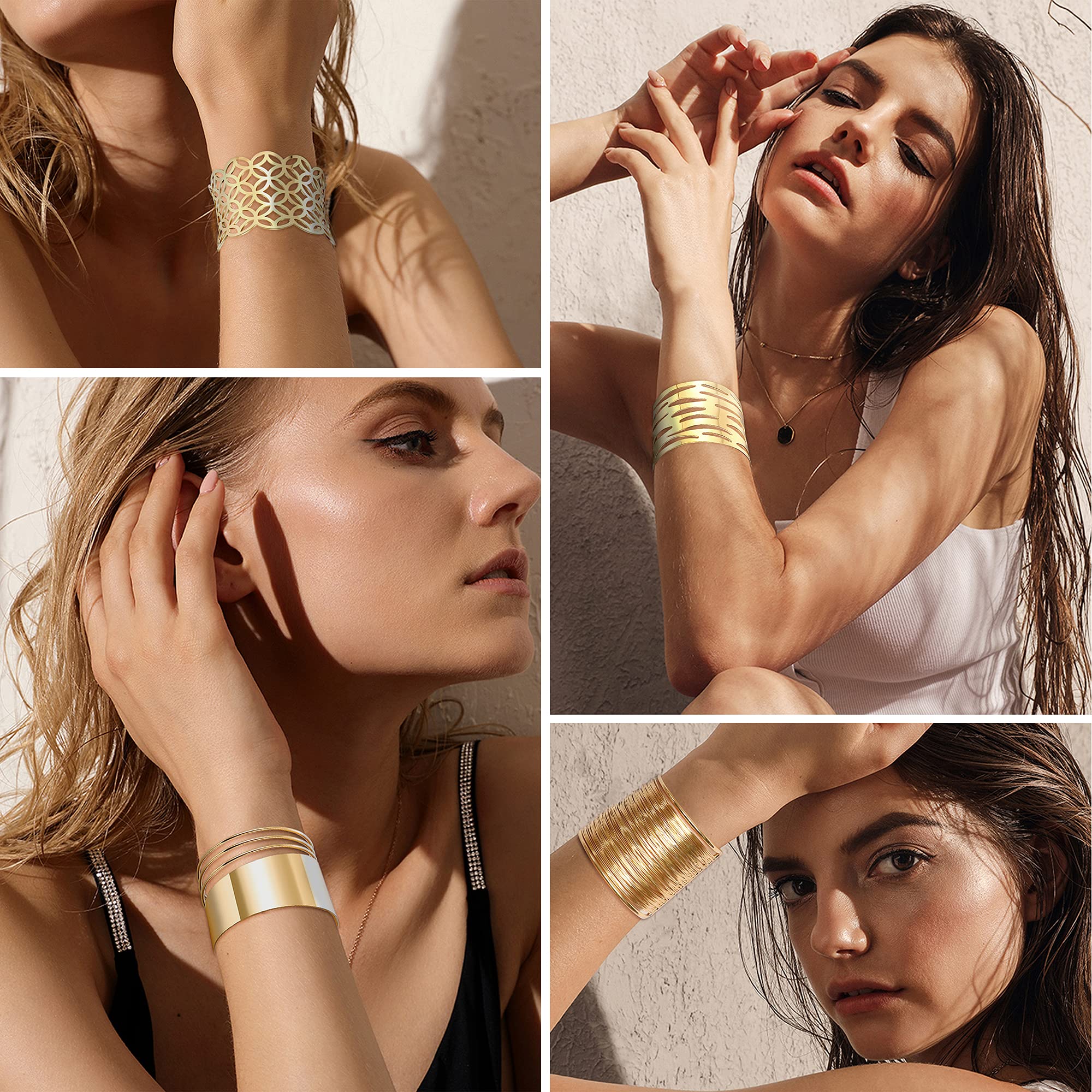 JOERICA 4PCS Gold Cuff Bracelets for Women Open Cuff Wide Wire Bracelets Adjustable Wrist Wrap Bracelet Set
