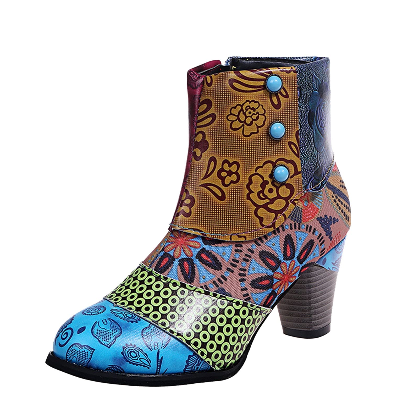 NOLDARES Cowboy Boots for Women Chunky High Heels Retro Zipper Boots Colorful Printed Booties Point-Toe Boots for Women, Multicolor, 10
