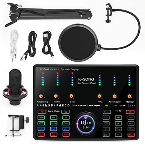 Podcast Equipment Bundle, Condenser Microphone Kit with Live Sound Card and Adjustable Mic Stand for Studio Recording Vocals, Voice Overs, Streaming Broadcast and YouTube Videos
