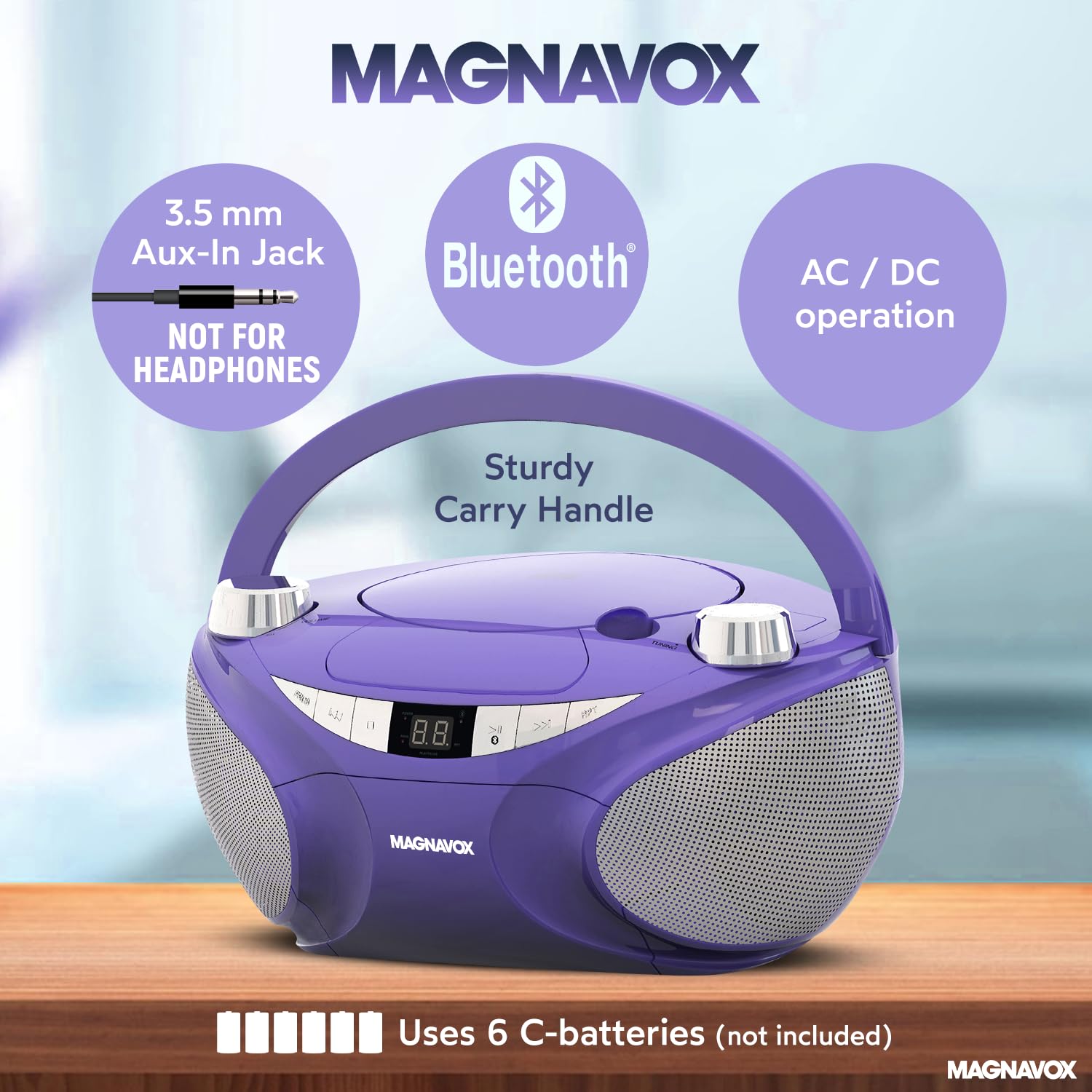 Magnavox MD6949 Portable Top Loading CD Boombox with AM/FM Stereo Radio and Bluetooth Wireless Technology in Black | CD-R/CD-RW Compatible | LED Display | (Purple)
