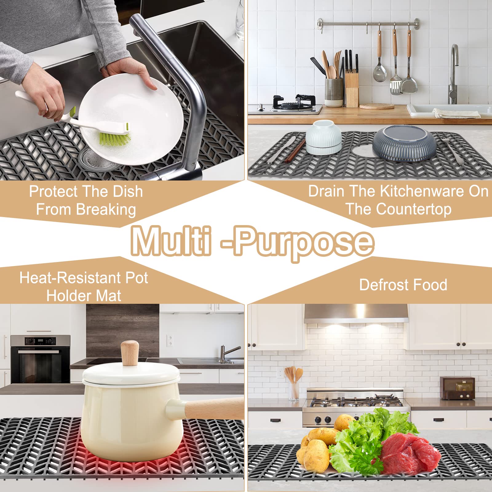 Sink Protectors for Kitchen Sink, Non-slip Silicone Sink Mat for Bottom of Kitchen Sink, 26 x 14 Inches Kitchen Sink Mats Grid with Center Drain for Farmhouse Stainless Steel Ceramic Sink