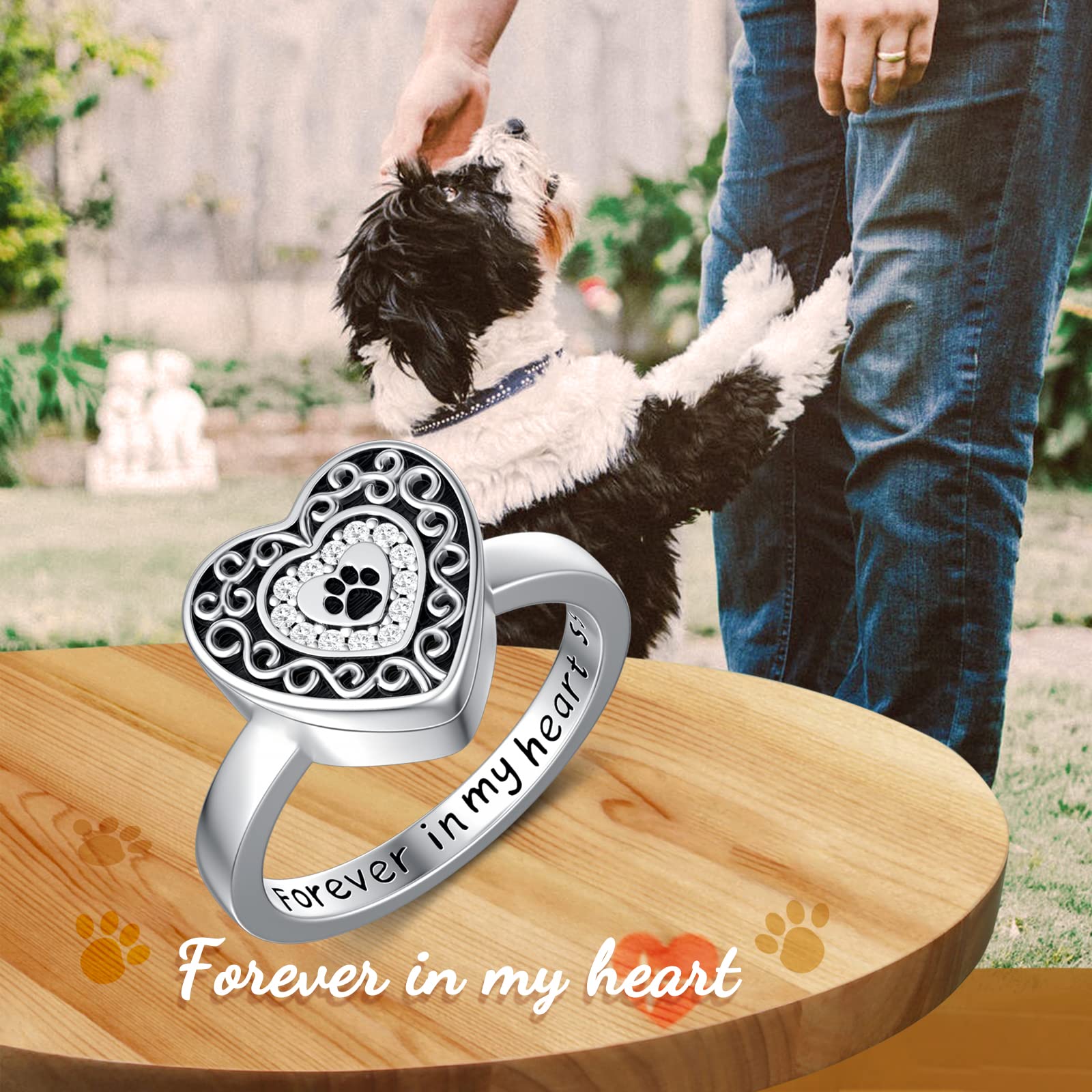 PEIMKO 925 Sterling Silver Heart Urn Rings Engraved Forever in My Heart Paw Print Urn Ring,Cremation Keepsake Urn for Ashes Pet Ashes Size 6-8(2)