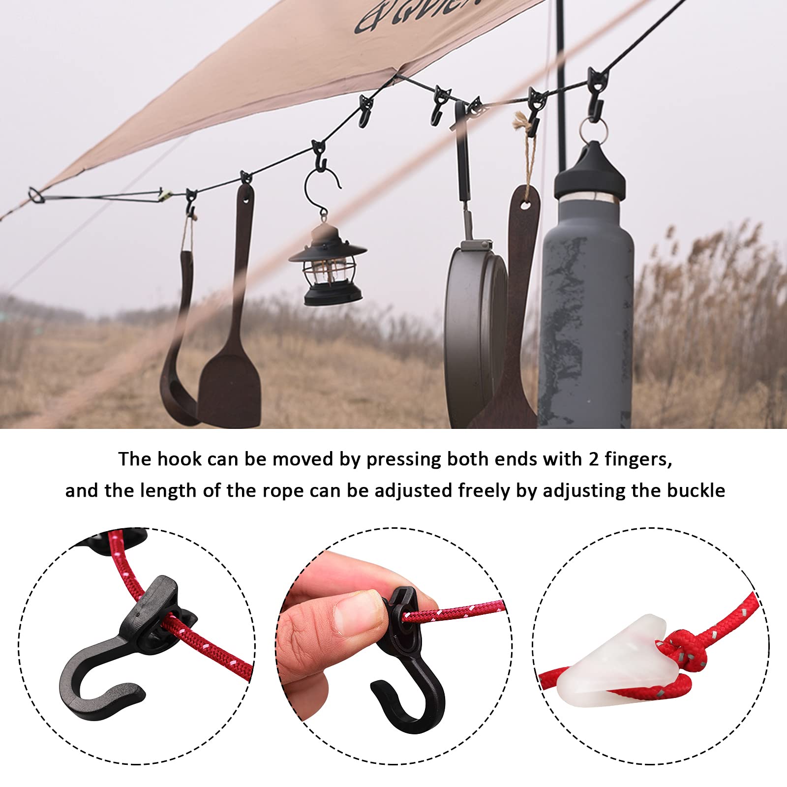 OMUKY Camping Lanyard Hanger Outdoor Tent Camping Clothesline with 8 Hooks Portable Adjustable Windproof Travel Hanging Rope (Red)