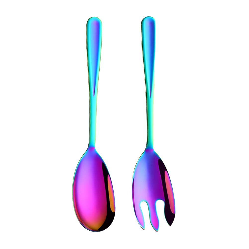 Salad Spoon and Fork SetοΌStainless Steel Salad Serving SetοΌDurable&Elegant,for Salad, Gravies or Pasta, Gold/Brass Finish (2pcs, rainbow)
