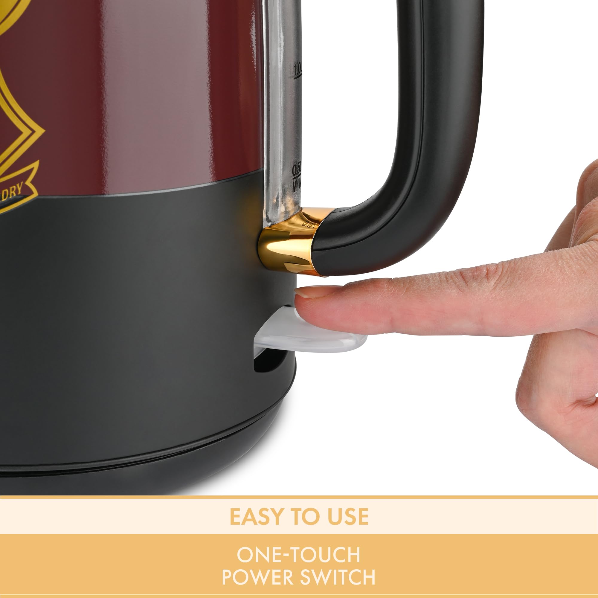 Warner Brothers Harry Potter 1.7L 1500W Electric Kettle by Select Brands - Features Water Window, Auto Shut Off, Boil Dry Protection, 360 Degree Rotating Base, Black and Gold, WBH-677KE