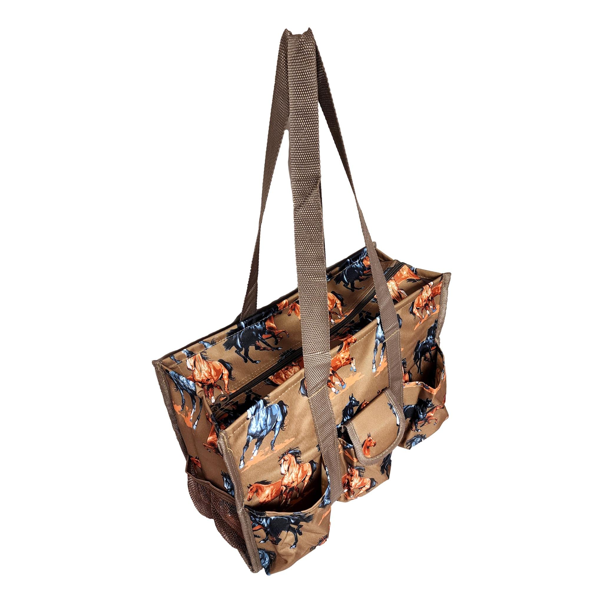 SONA G DESIGNS Multi Pocket Organizing Horse Tote Bag for Nurses, Students, Teachers, Women Zipper Top (Horses)