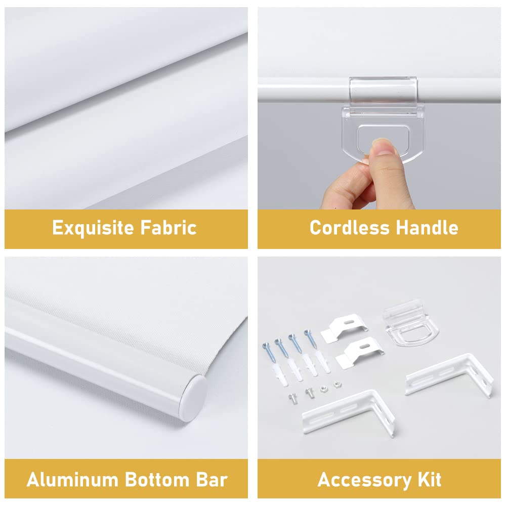 KCO Blackout Cordless Roller Shades for Windows, Roller Window Shades with UV Protection Thermal Insulated, Room Darkening Pull Down Roller Blinds for Home, Office, 44" W x 72" L, White
