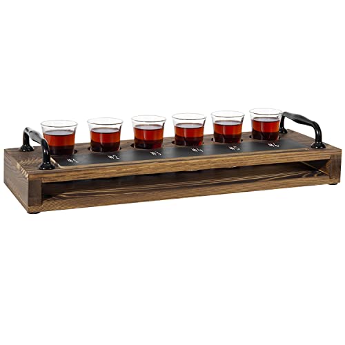 MyGift Tequila Shot Glasses Liquor Flight Tasting Set Includes Burnt Wood Serving Tray with Chalkboard Panel and Metal Handles and 6 Clear Shot Glasses