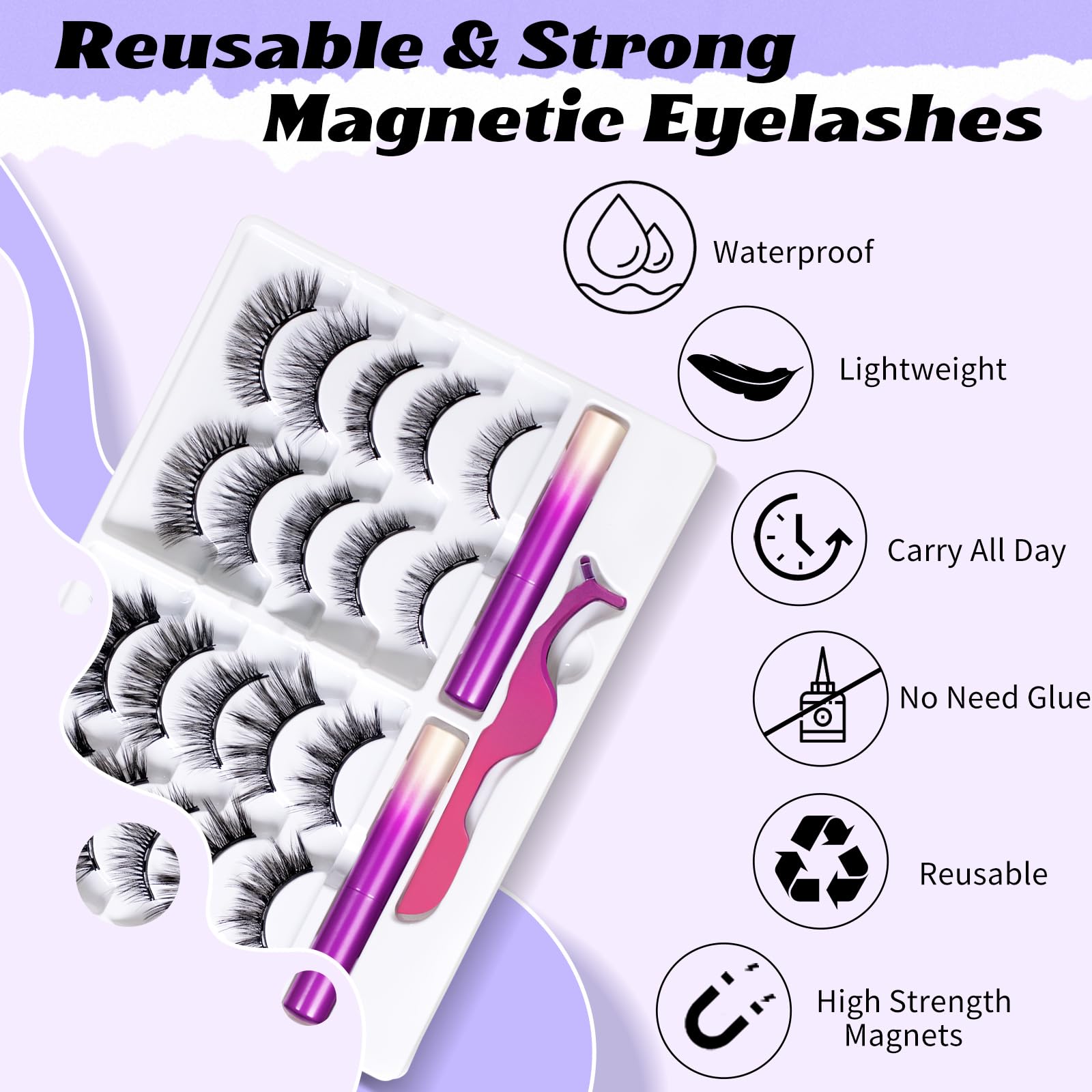 Magnetic Eyelashes with Magnetic Eyeliner Kit, 3D Natural Look False Eyelashes, Reusable Magnetic Lashes with Eyeliner and Tweezers, No Glue (Gradient Purple)