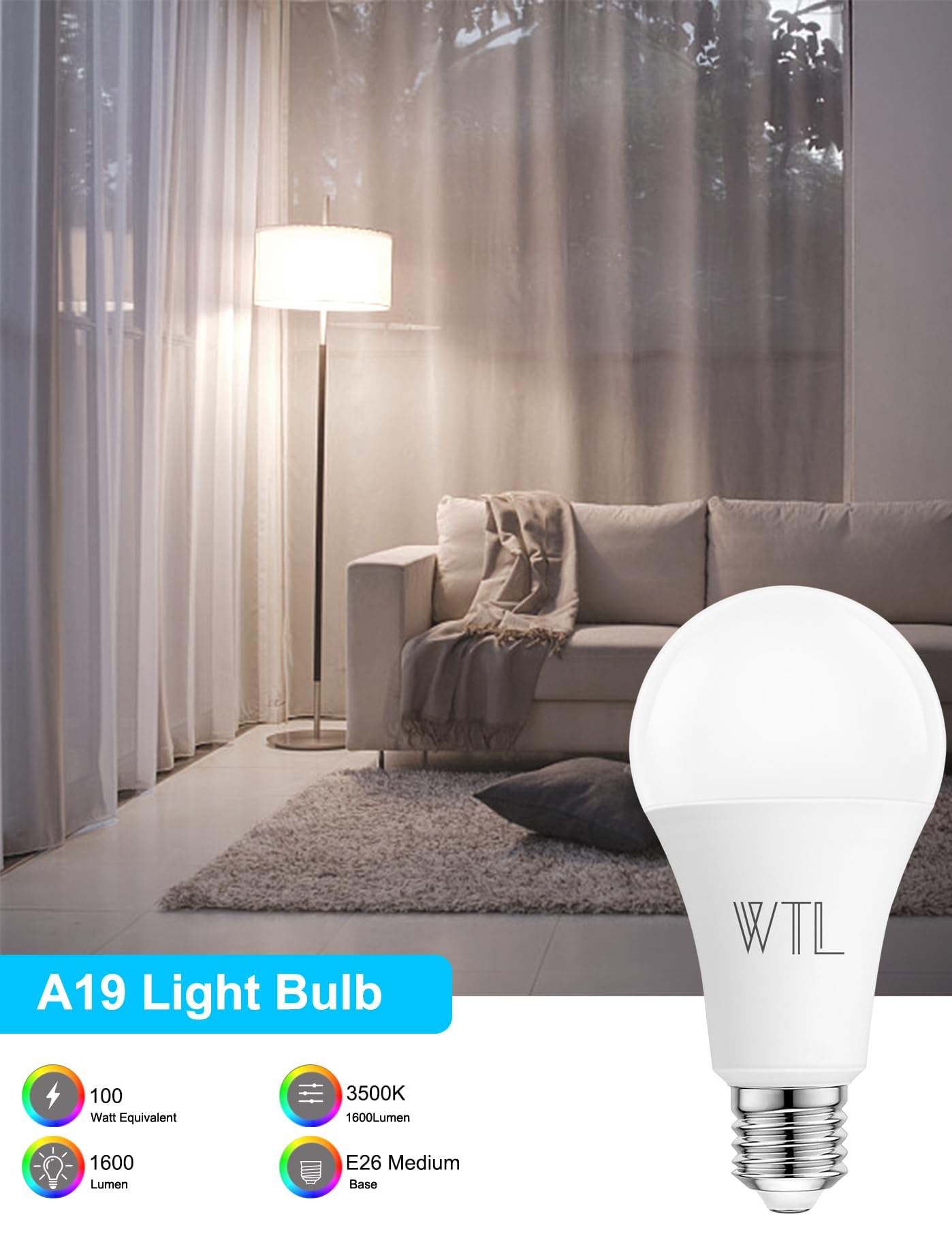 WTL A19 LED Light Bulbs 100 Watt Equivalent (Not Dimmable), 3500K Natural White, 1600 Lumens, E26 LED Bulbs 15W, Energy Saving Light Bulb for Living Room (4 Pack)