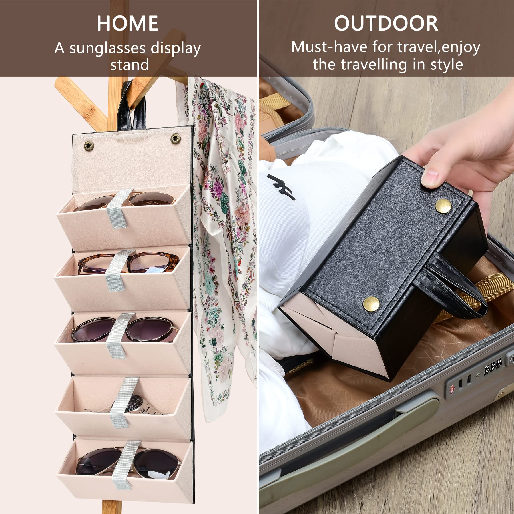 Sunglass Organizer Case with 5 Slots, Foldable Glasses Case Multiple Pairs Eyeglass Holder Storage Travel Case for Men Women, Light Brown