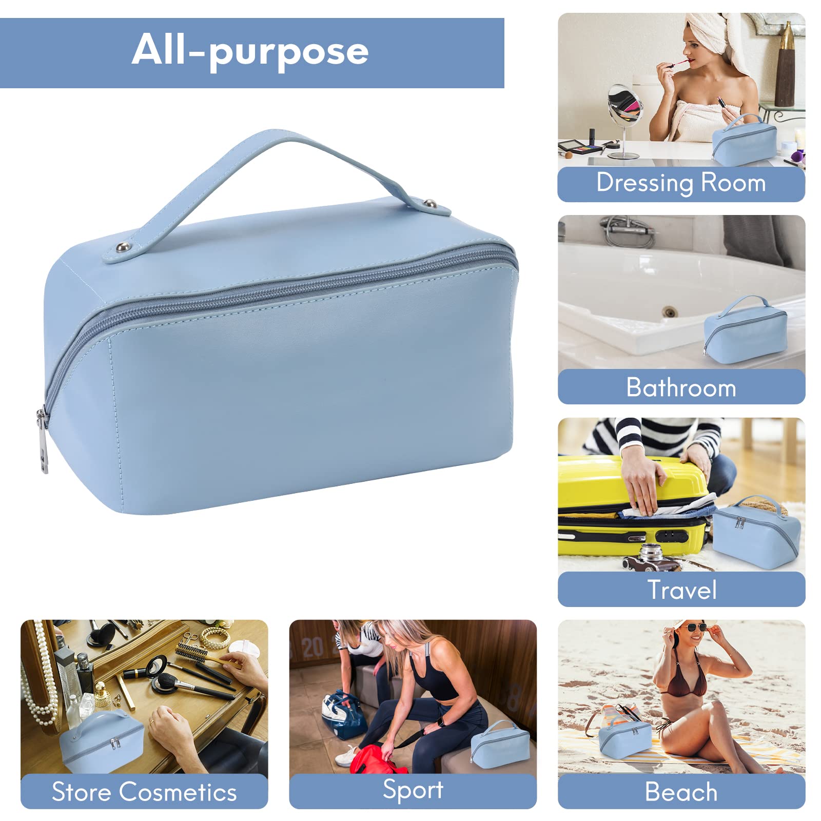 WUSHENG Makeup Bag Large Capacity Waterproof Open Flat Travel Make up Organizer Bag Portable PU Leather Everything Cosmetics Bag for Woman (Light Purple)