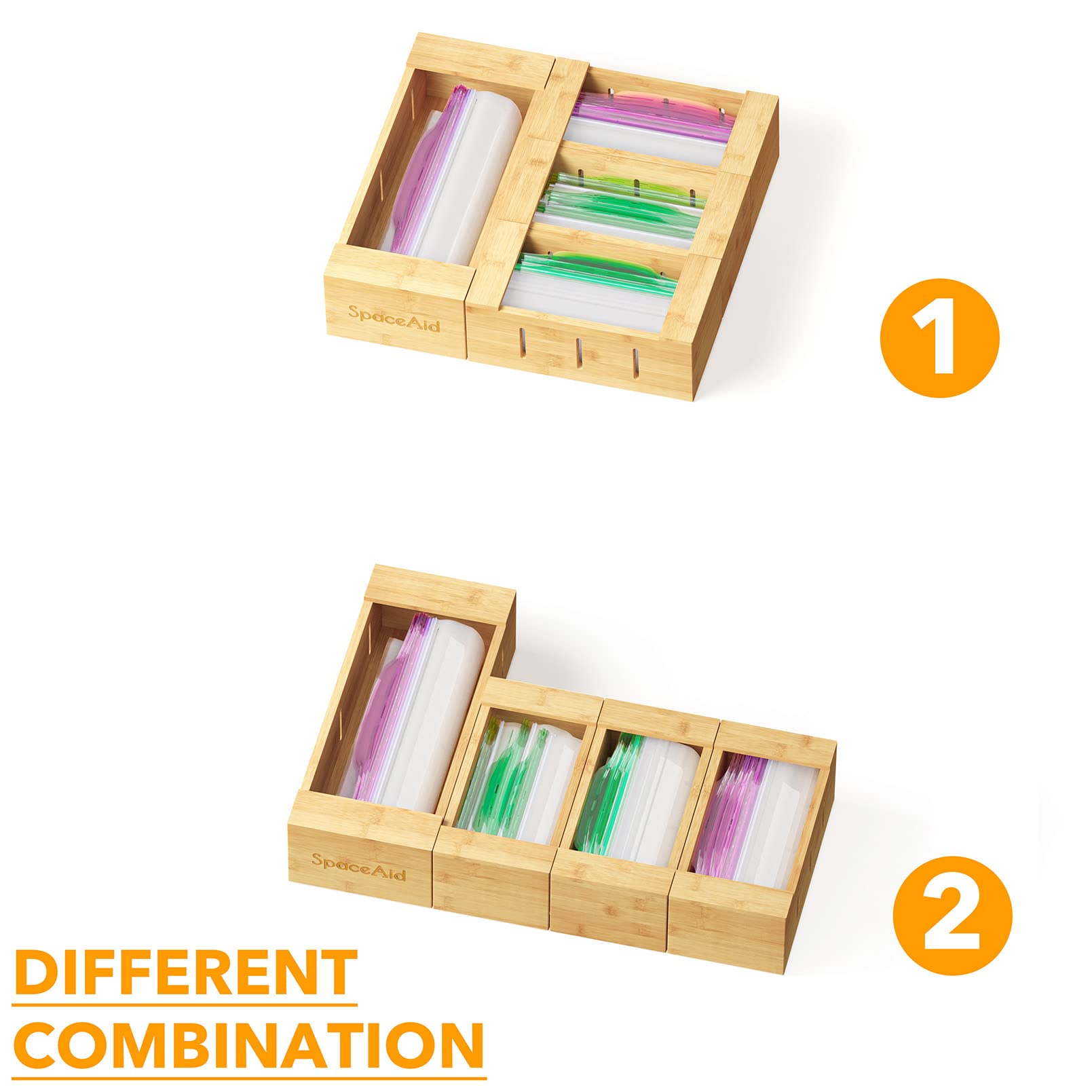 SpaceAid Bag Storage Organizer for Kitchen Drawer, Bamboo Organizer, Compatible with Gallon, Quart, Sandwich and Snack Variety Size Bag (4 Pack)