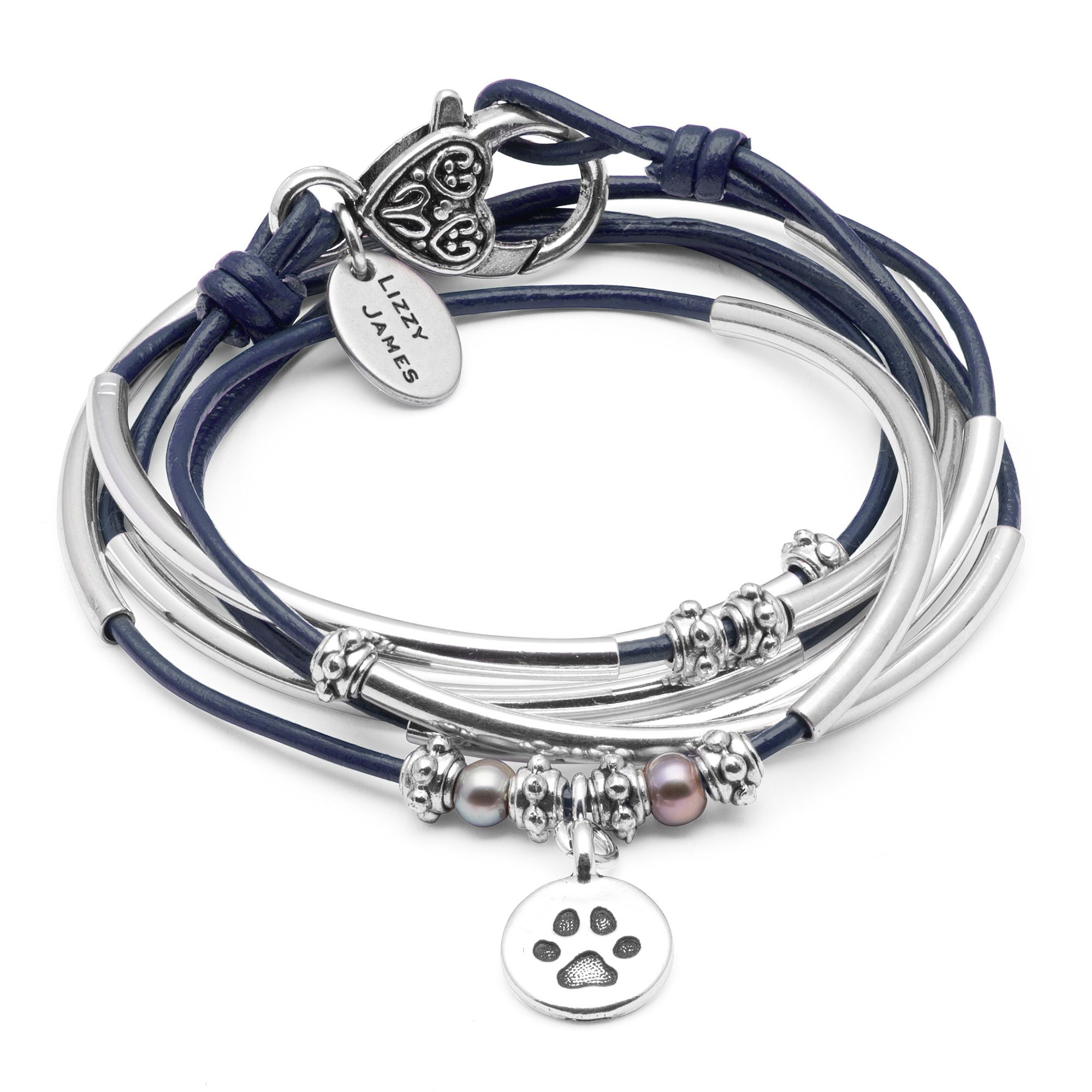 Lizzy James Charmer Gloss Navy Leather Wrap Bracelet Necklace w Paw Charm in Silver with Freshwater Pearls (Large)