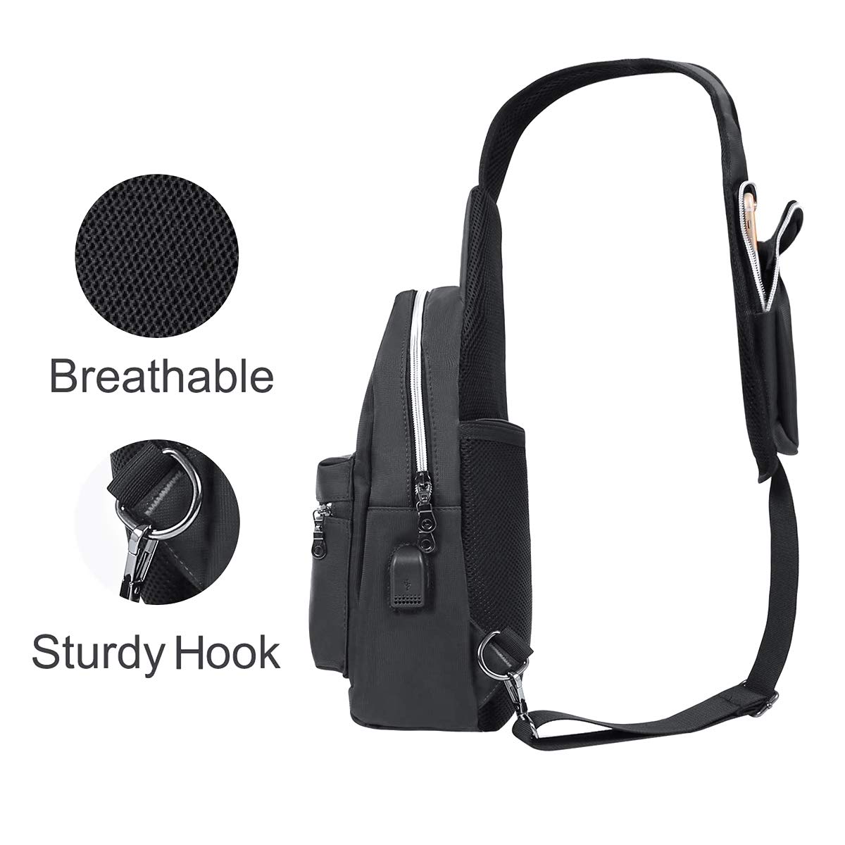 MOSISO Sling Backpack Hiking Daypack with USB Charging Port Outdoor Shoulder Bag, Metallic Gray