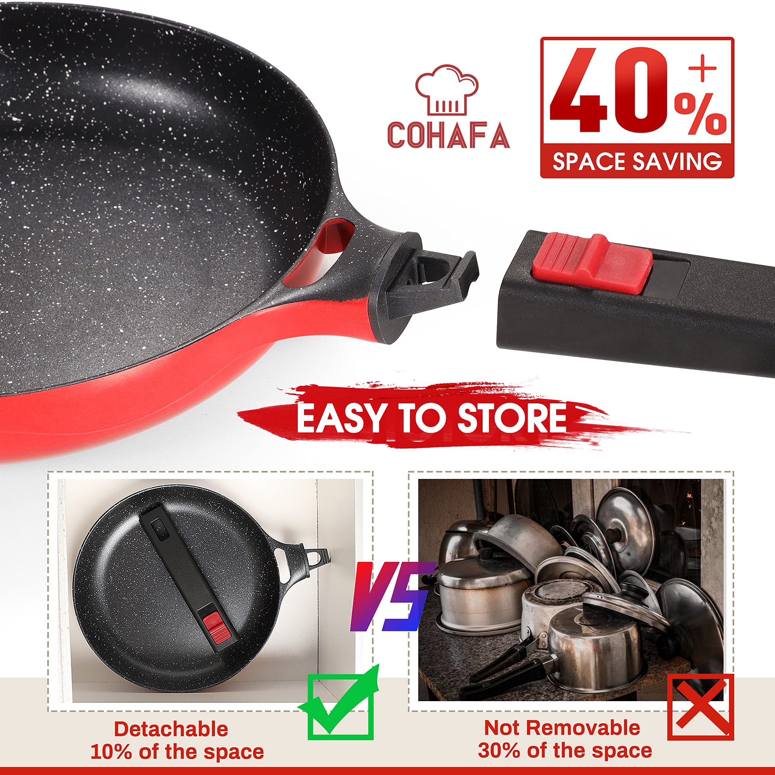 Nonstick Dutch Oven with Lid, 3Pcs Pots and Pans Set with Stone-Derived Coating, Frying Pan with Detachable Handle, Saute Pan, Stockpot with Lid, Red