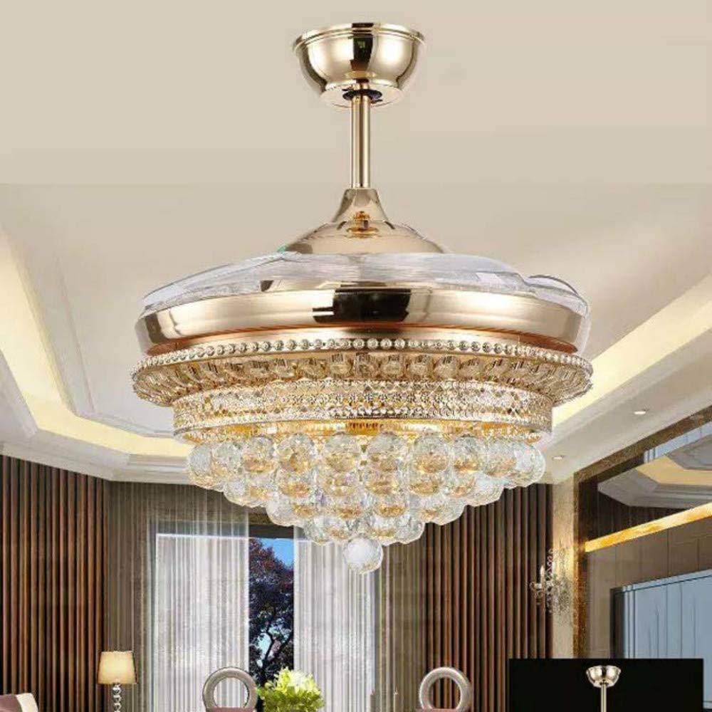 Lighting Groups 42 Inch Invisible Ceiling Fan with 3-Color Changing Light Remote Control Retractable Blades Fandelier for Living Room Dining Room Reversible Ceiling Fan with Indoor Lights (Gold)