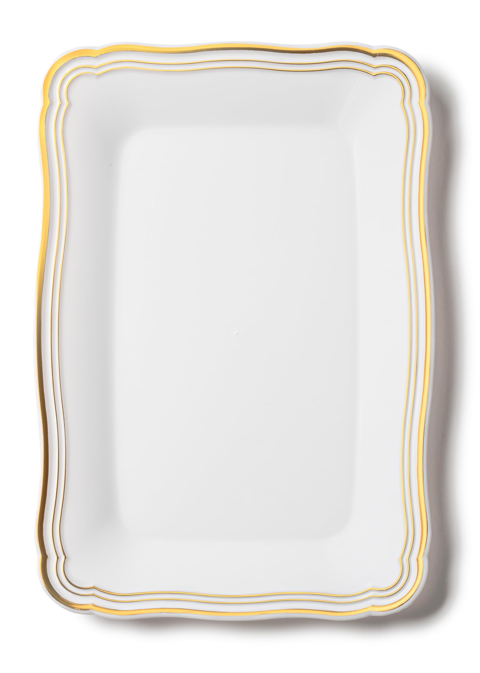 Posh Setting Plastic Serving Tray White Plastic Tray with Gold Rim Border, Disposable Serving Trays Heavyweight Serving platters and Trays 9"x13" Appetizer Tray [6 Pack]