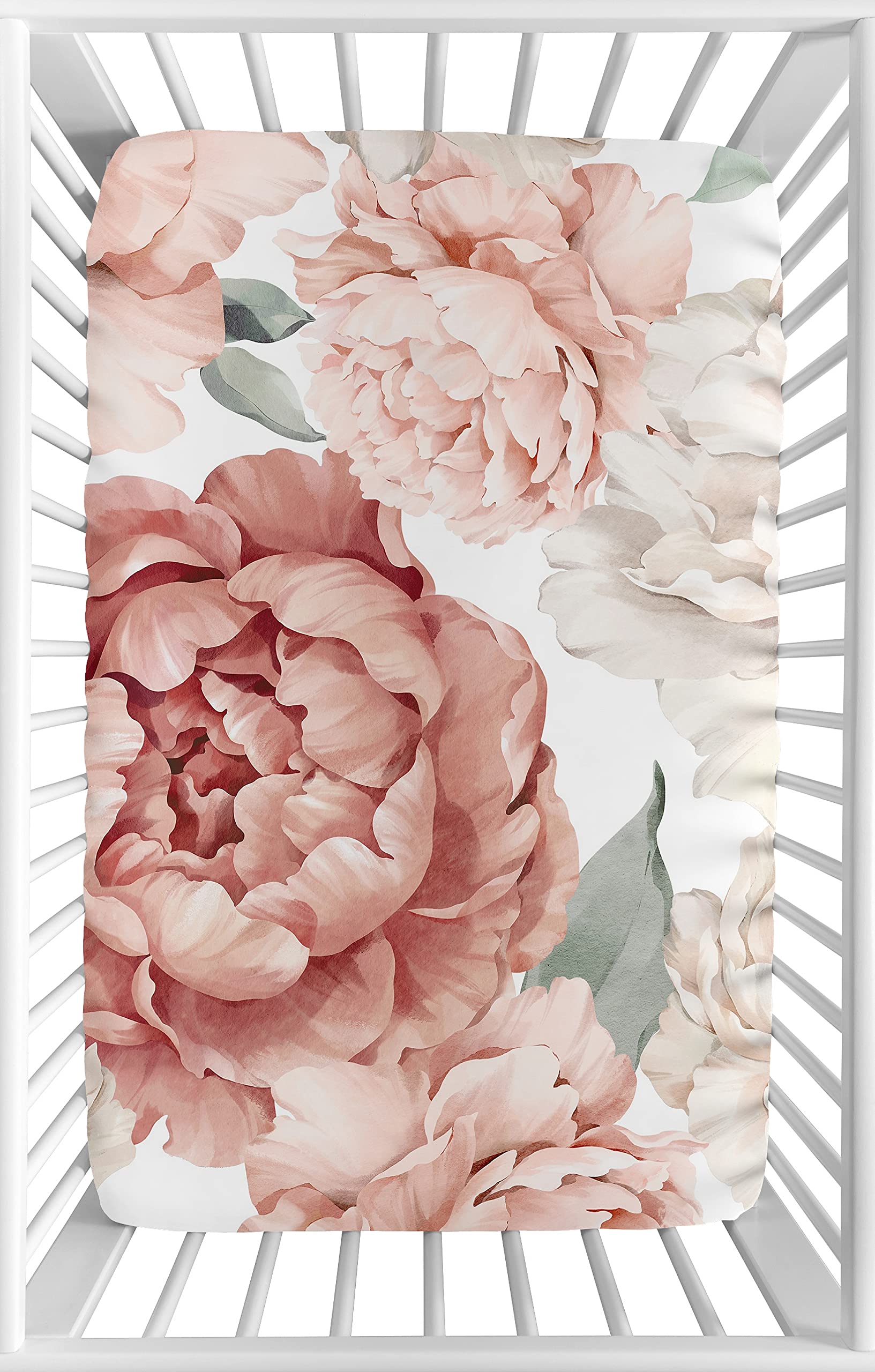 Sweet Jojo Designs Blush Pink Boho Shabby Chic Floral Girl Fitted Mini Crib Sheet Baby Nursery Off White Ivory Bohemian Vintage Garden Watercolor Flower Nature Elegant Pastel Light Dusty Large Rose