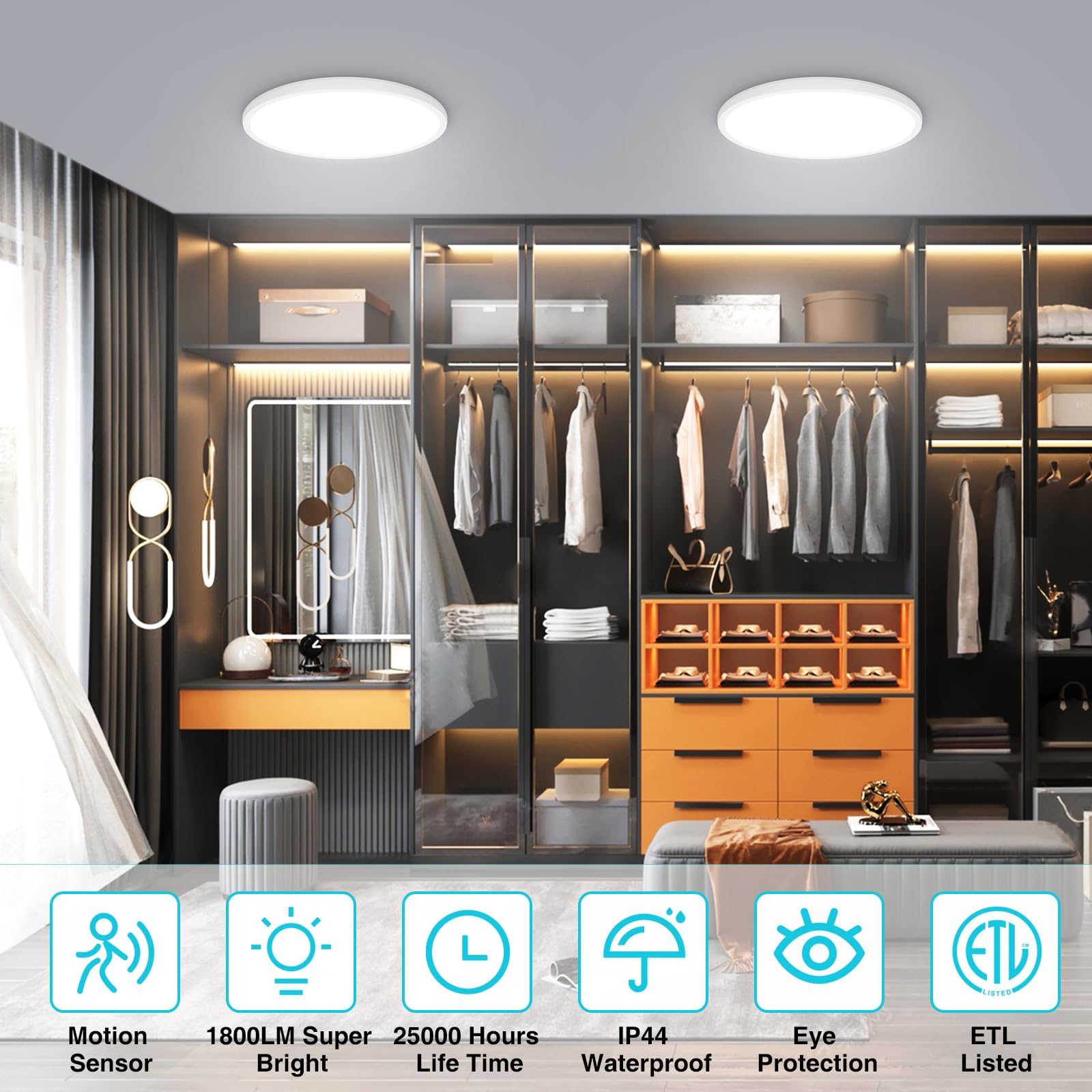 libtit LED Motion Sensor Light Indoor,15W 1500LM 5000K Wired ππππΌ π’π»/π’π³π³ Ceiling Light Flush Mount, 7 Inch Sensitive Motion Activated Light Fixtures for Closet Stair Porch Pantry -2Pack