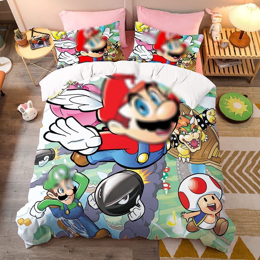 LARIAU Cartoon Duvet Cover,Game Characters Super Bros 3D Print Bedding Queen 3 Piece Sets for Kids Boys, Lightweight Soft Microfiber Quilt Set with Matching Pillowcase Ma1